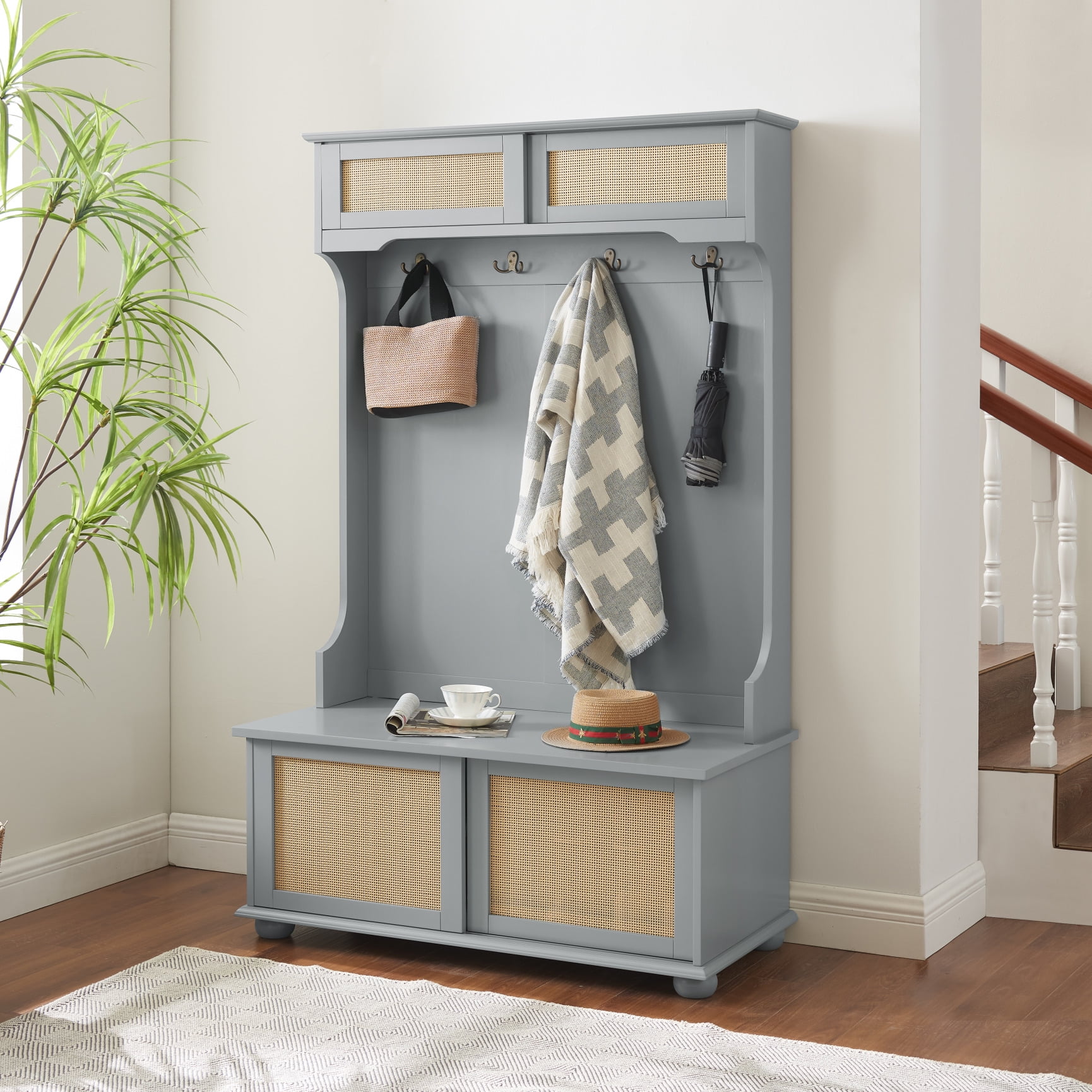 4-in-1 Hall Tree with Storage Bench, Multi-functional Coat Rack with 4 ...