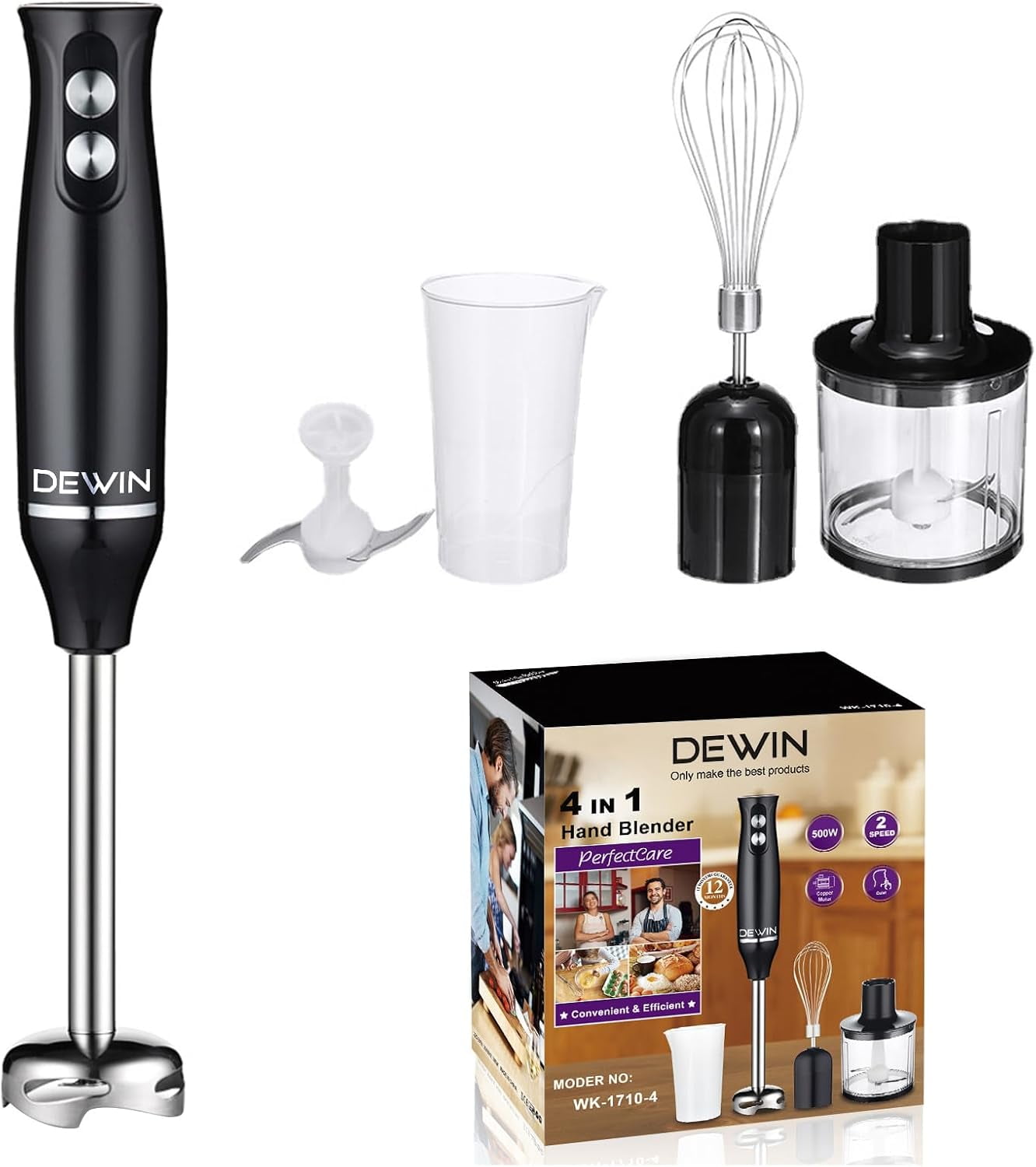 4-in-1 Hand Blender, 500 Watt Immersion Blender with Chopper, Whisk, Mixing Beaker, Electric ...