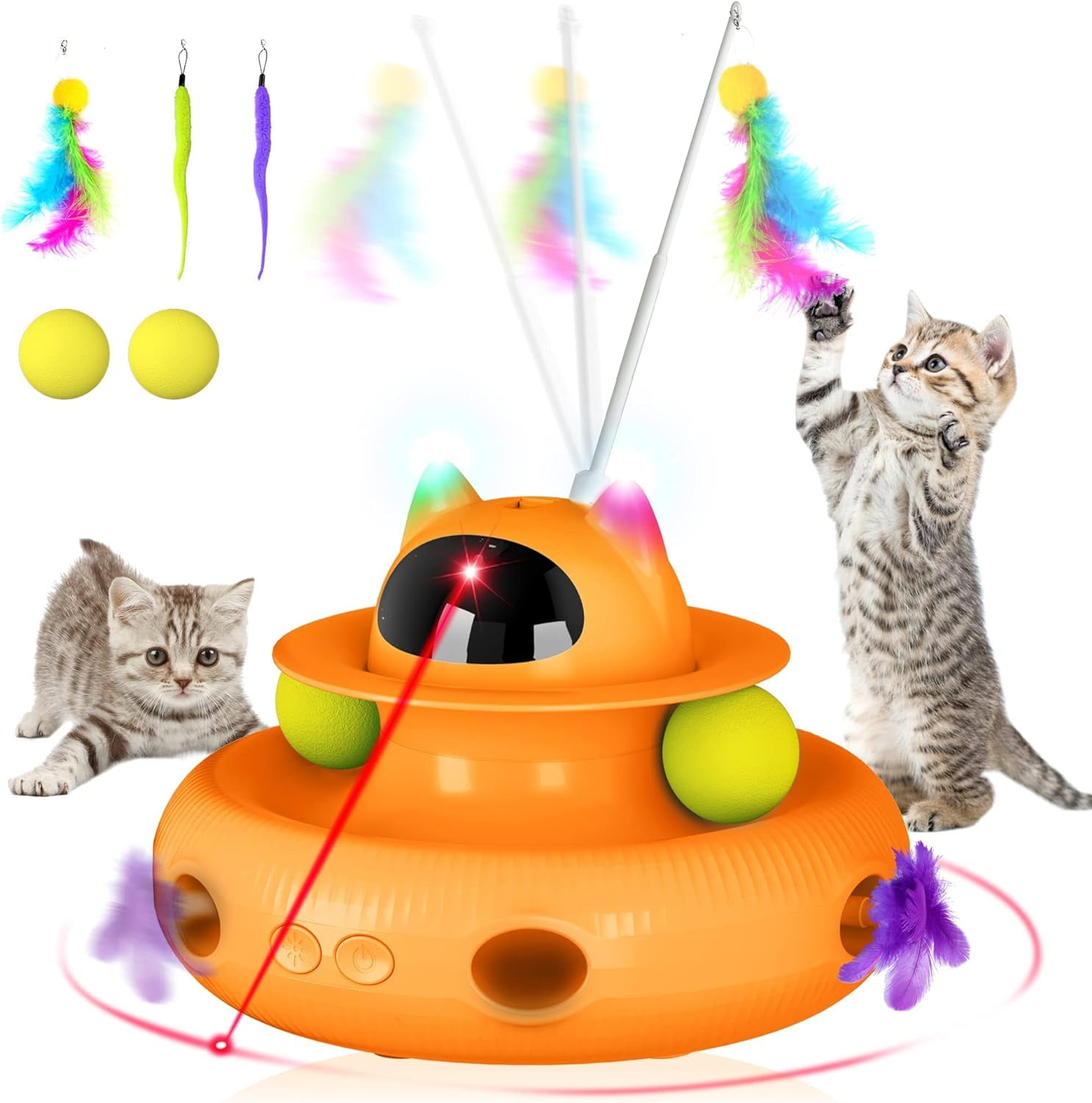 4-in-1 Interactive Electronic Toy for Indoor Kitten, 2023 Upgrade Automatic Pointer Feather Wand ...