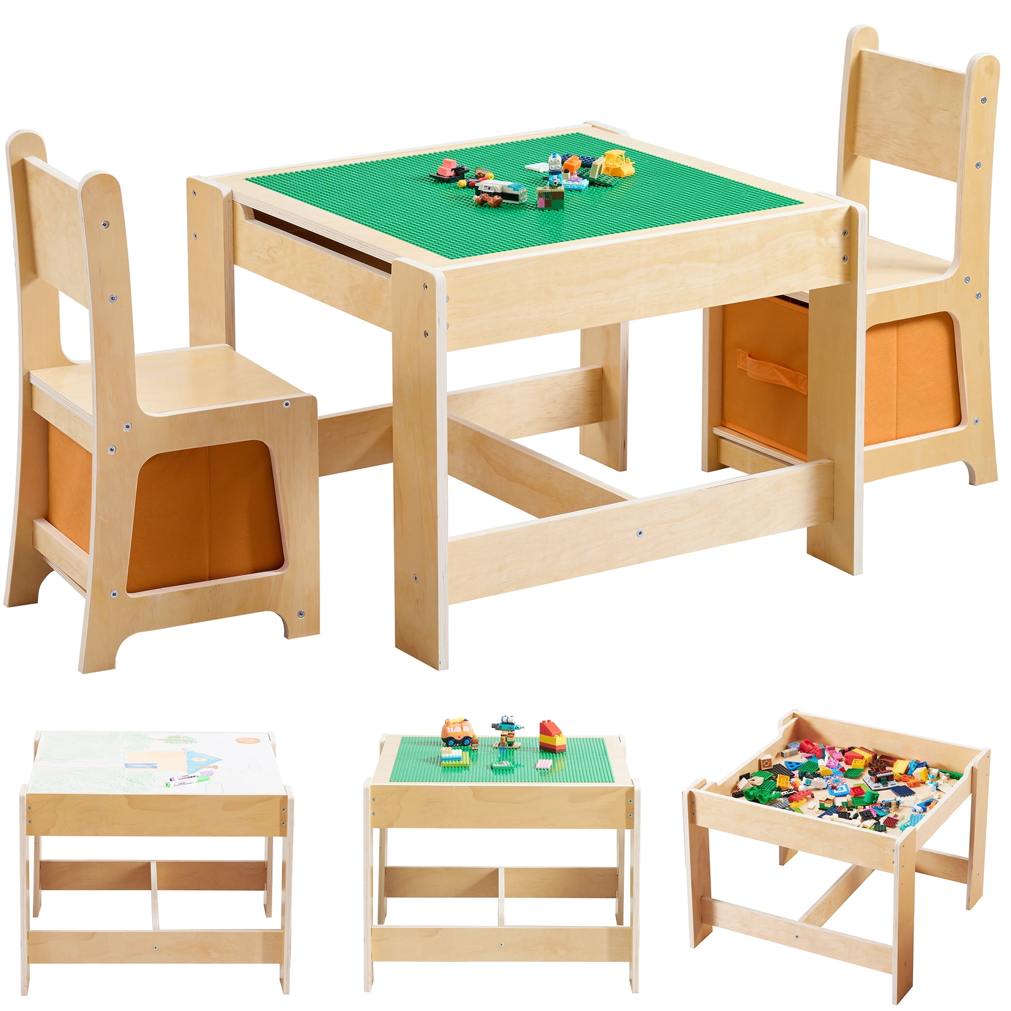 4-in-1 Kids Activity Table with 2 Chairs & Storage Bins, Sturdy Pine ...