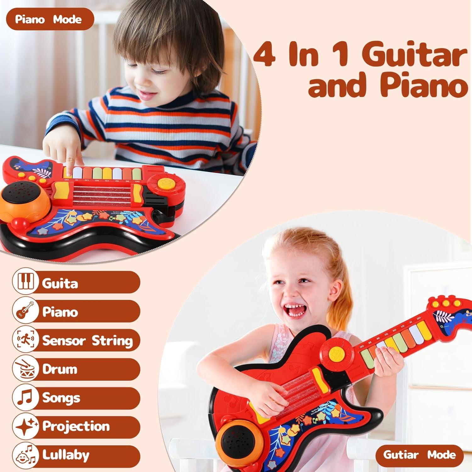 4 in 1 Kids Guitar and Piano with Lullaby Projector for Toddlers 2-5 ...