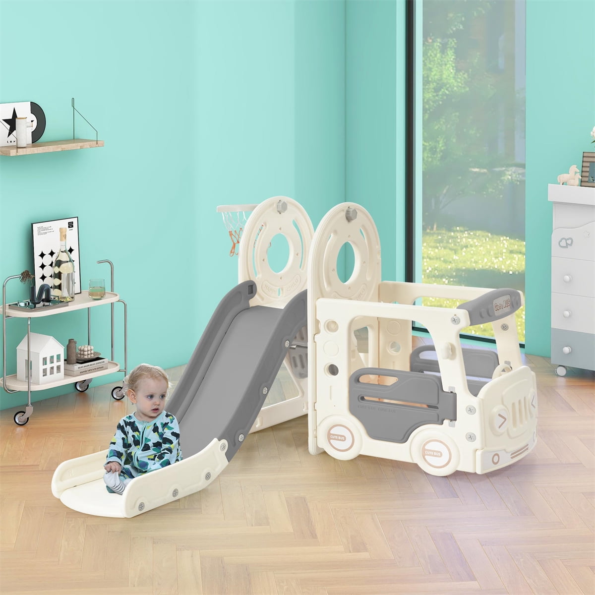 4 in 1 Kids Slide with Bus Play Structure, Freestanding Bus Toy with ...
