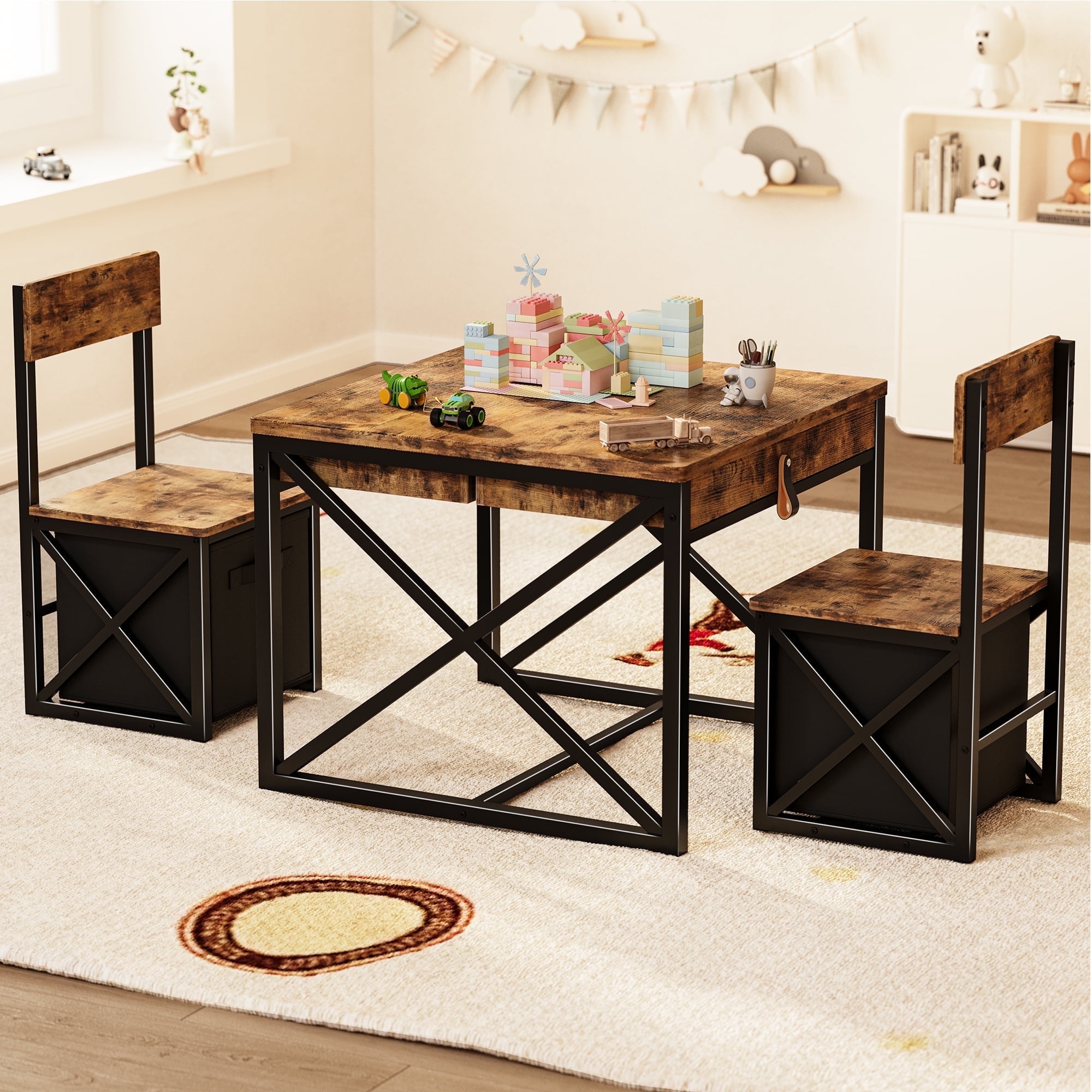 4 in 1 Kids Table and Chairs Set with Storage, Toddler Activity Desk ...