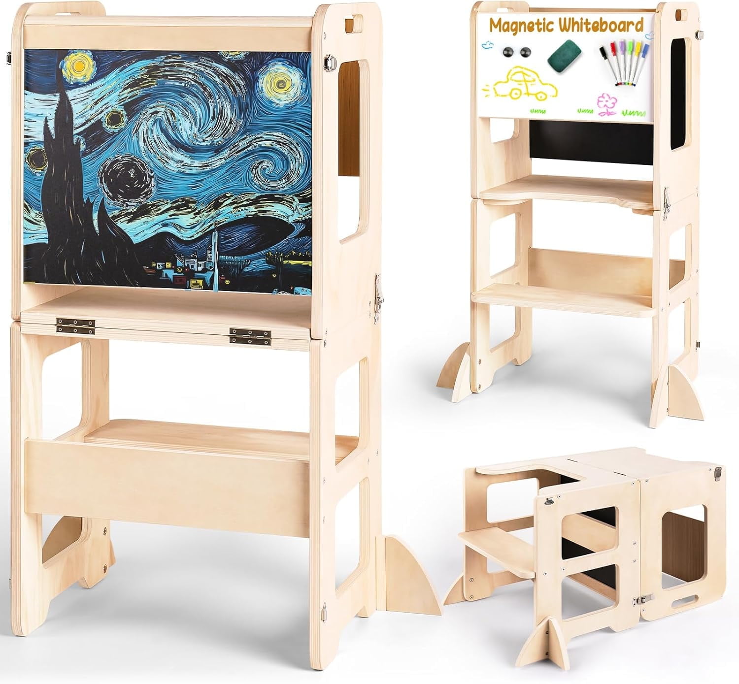 4-in-1 Kitchen Step Stool, Foldable Learning Standing Tower with ...