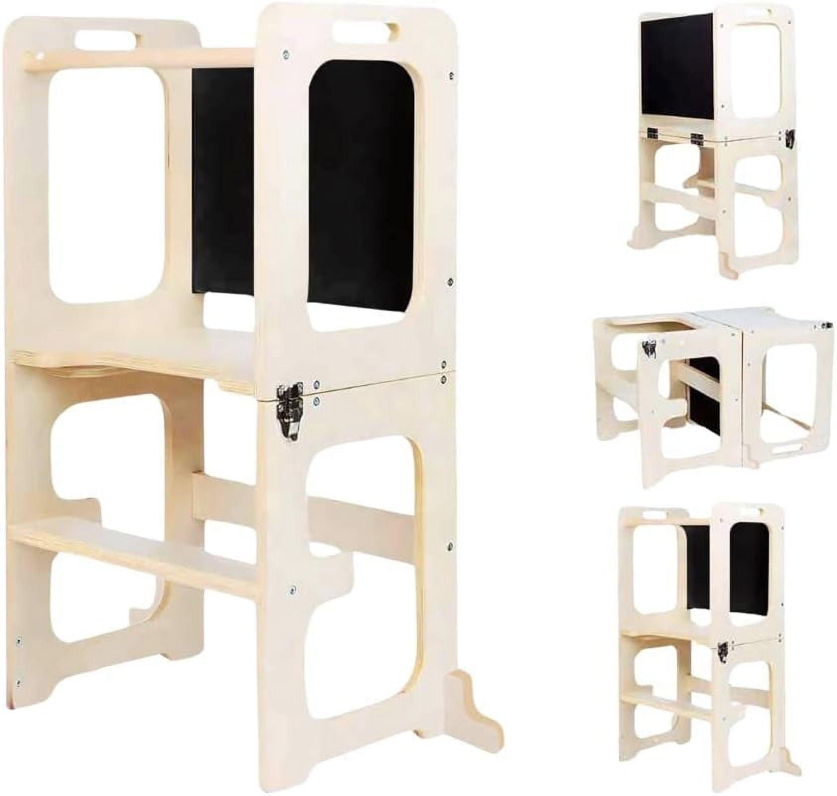 4-in-1 Kitchen Tower, Foldable Toddler Step Stool with Chalkboard, Desk ...