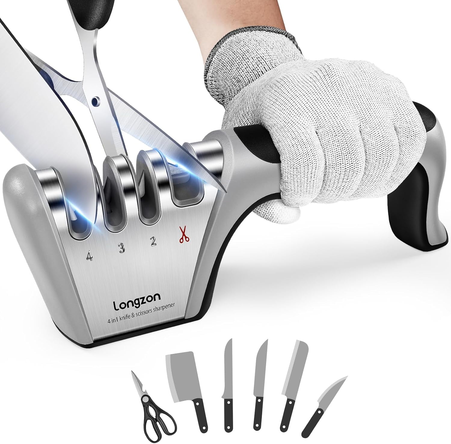 4-in-1 Knife Sharpener [4 Stage] with a Pair of Cut-Resistant Glove ...