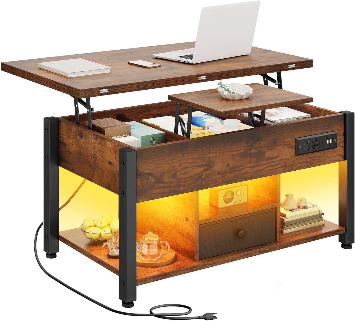 4-in-1 Lift Coffee Table with Light & Dual Tops, Multi-Function Table ...