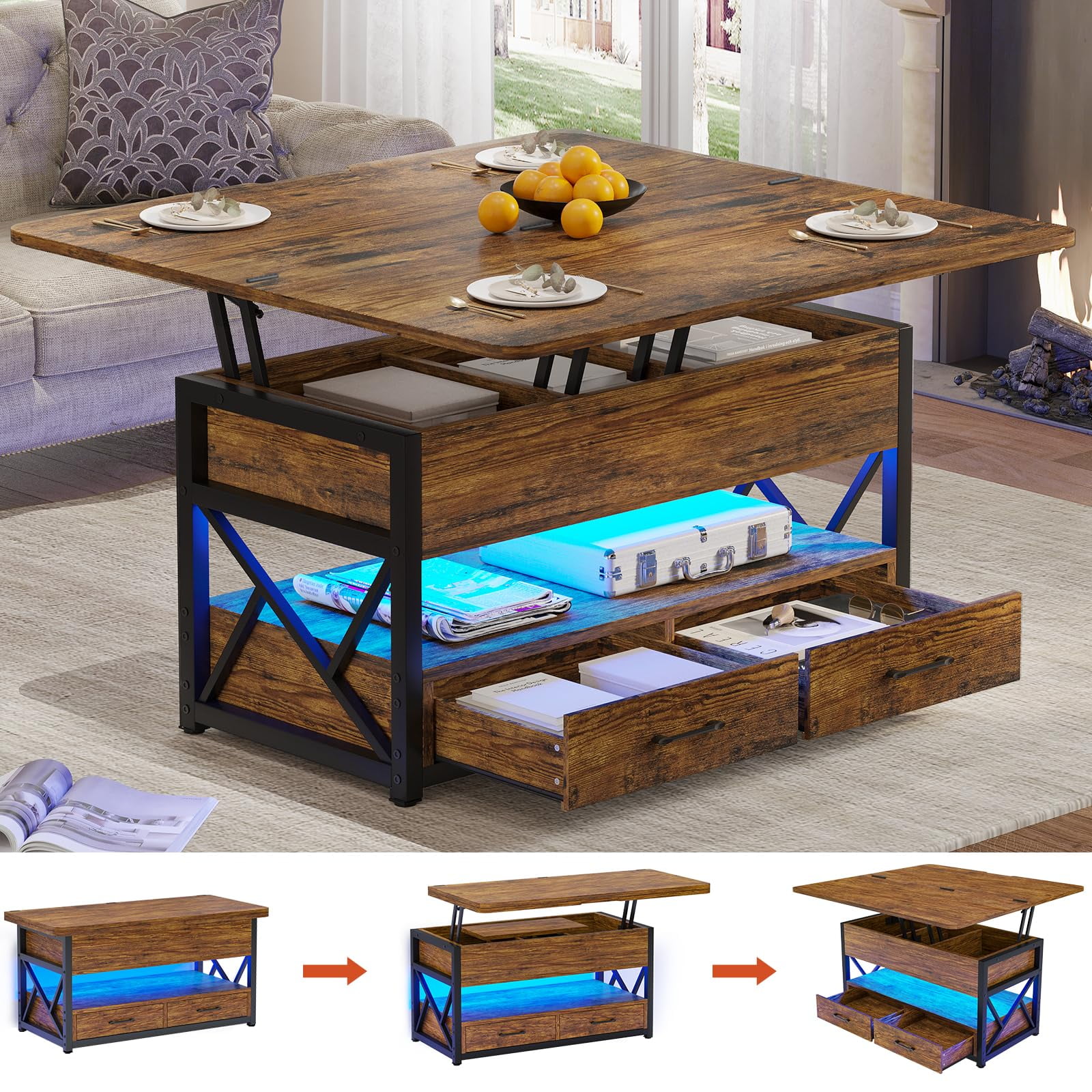 "Wooden 4 in 1 Lift Top Coffee Table with LED, 2 Drawers, 40"" Rustic ...