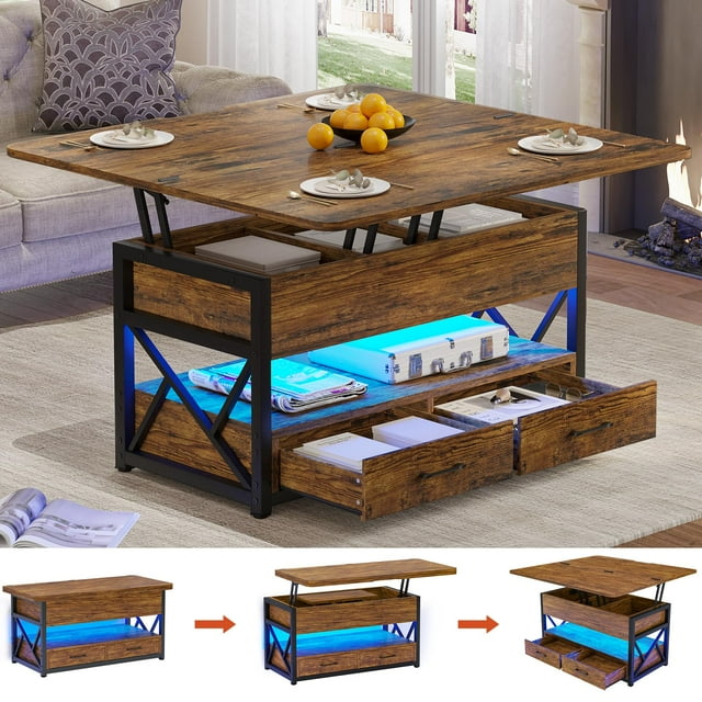 "Wooden 4 in 1 Lift Top Coffee Table with LED, 2 Drawers, 40"" Rustic ...