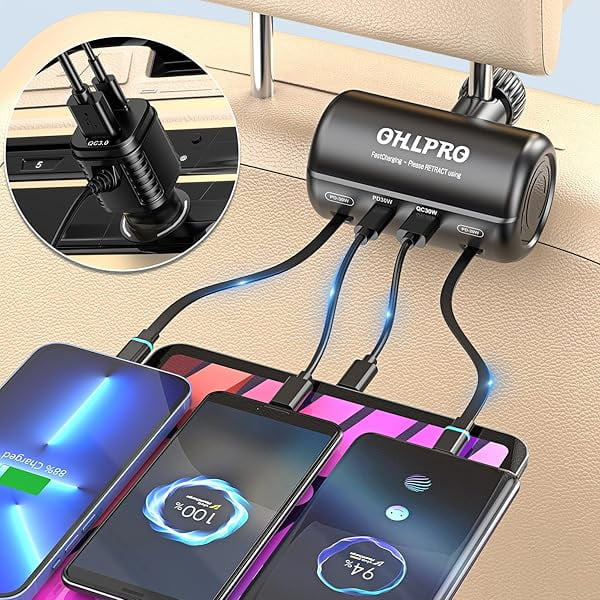 4-in-1 Multi-Car Retractable Backseat Charging Station with 2-Port PD ...