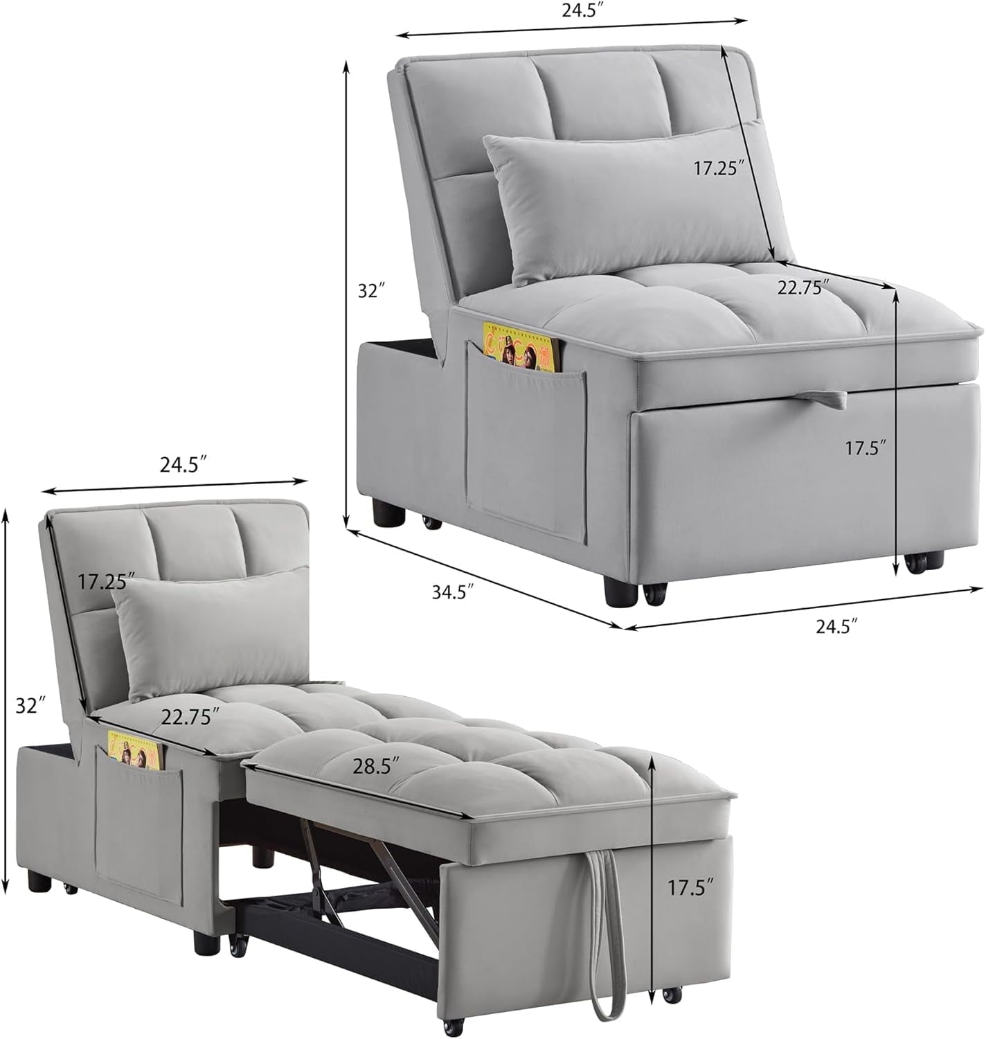 4-in-1 Multi-Function Convertible Sofa Bed Chair with Storage Pockets ...