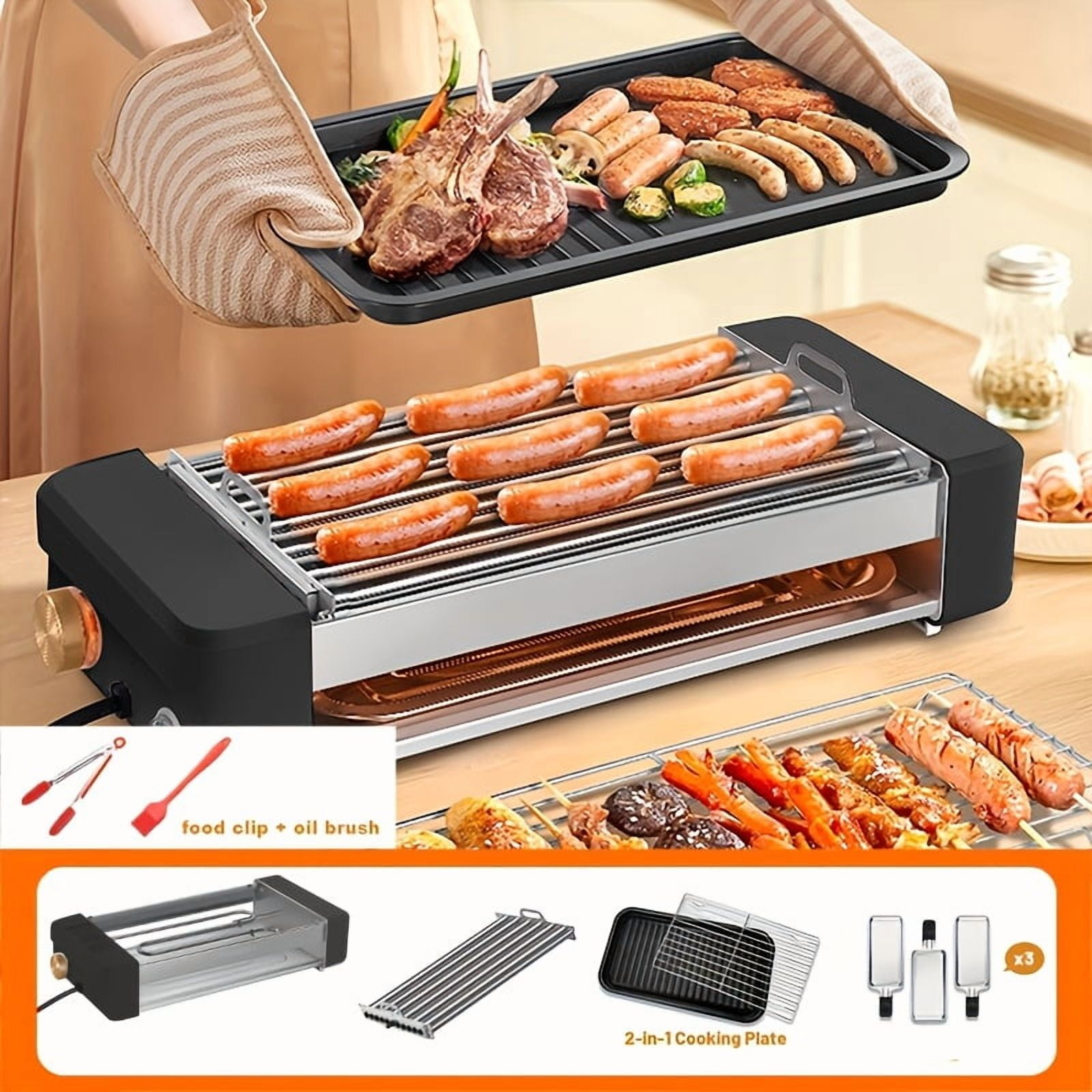 4-in-1 Sausage Grill with 3-Hand Plate & Oil Brush, Non-Stick ...