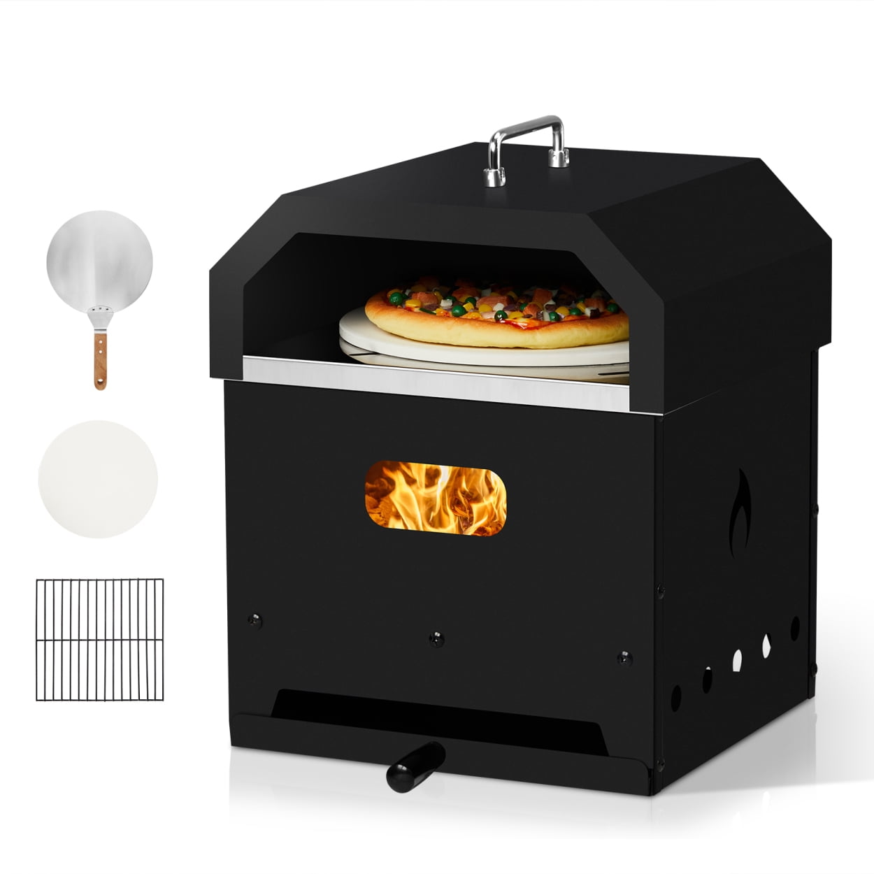 4-in-1 Outdoor Pizza Oven, Wood Fired 2-Layer Pizza Maker with Cover, Pizza Stone, Shovel, Grill ...