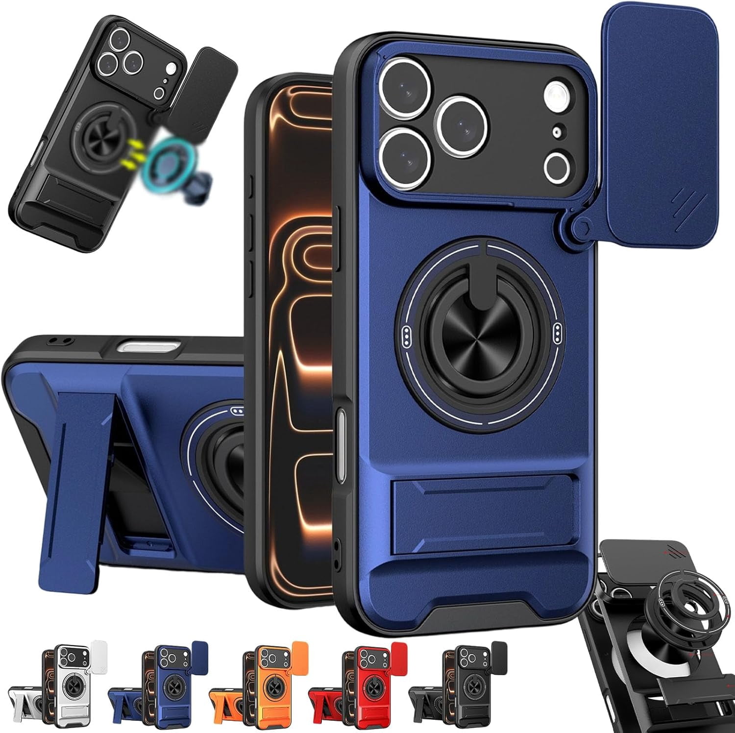 4-in-1 Protective Case with Camera Slider, 360° Ring Grip & Kickstand ...