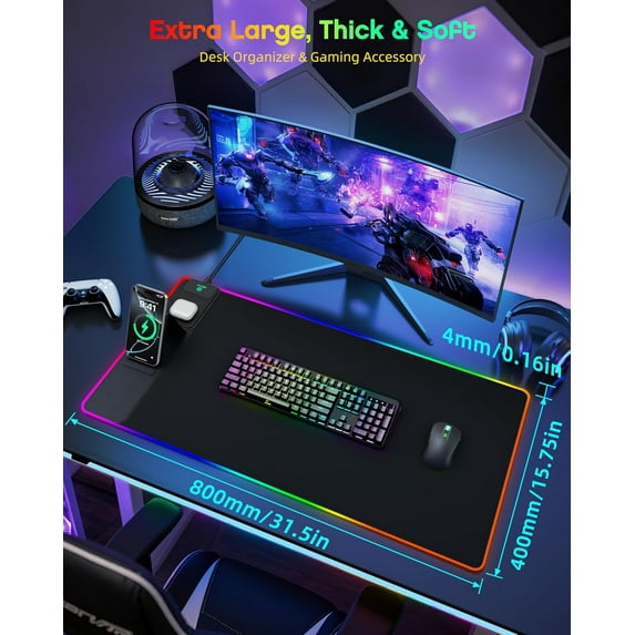 4-in-1 RGB Gaming Mouse Pad with Wireless Charging & Phone Stand, 31.5 ...