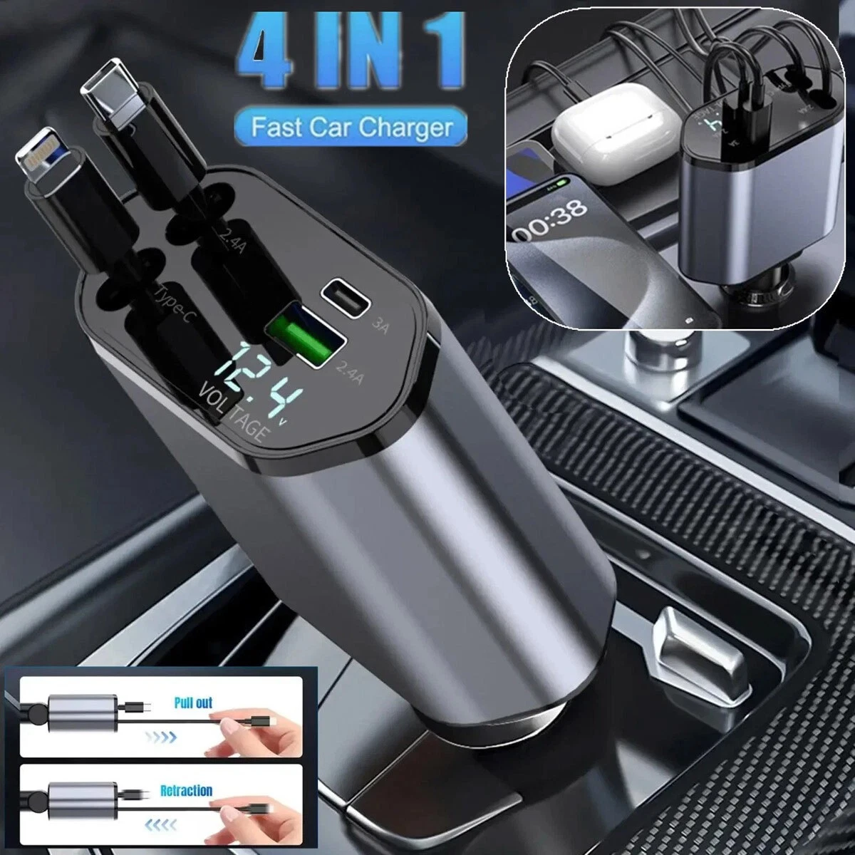 4 in 1 Retractable Car Charger Fast Car Phone Charger 120W With USB ...