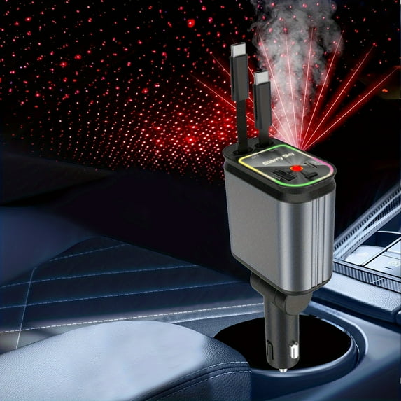 4-in-1 Retractable Car Charger with Star Projector & Flame Mood Light ...