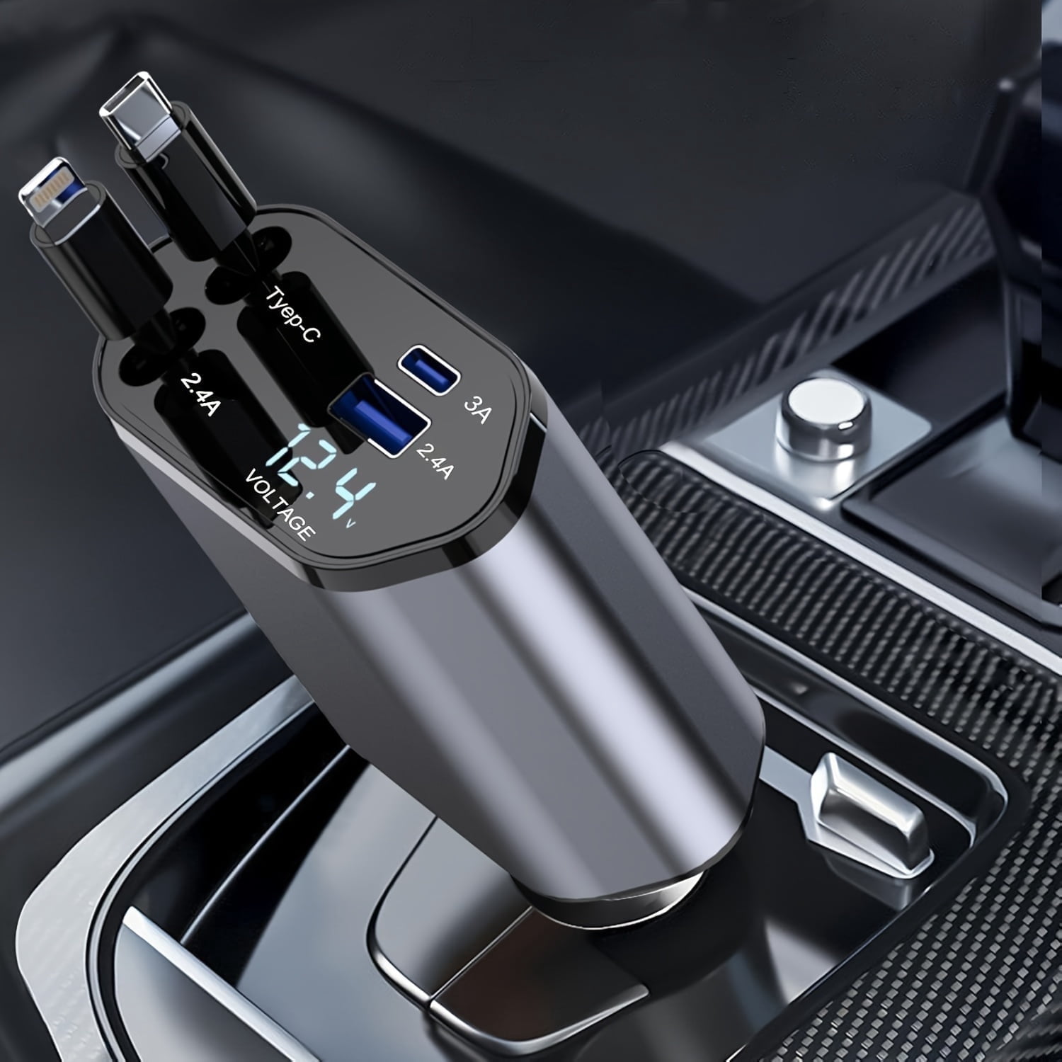 4-in-1 Retractable Fast Car Charger – USB & Type-C Ports, 31.5" Pull ...