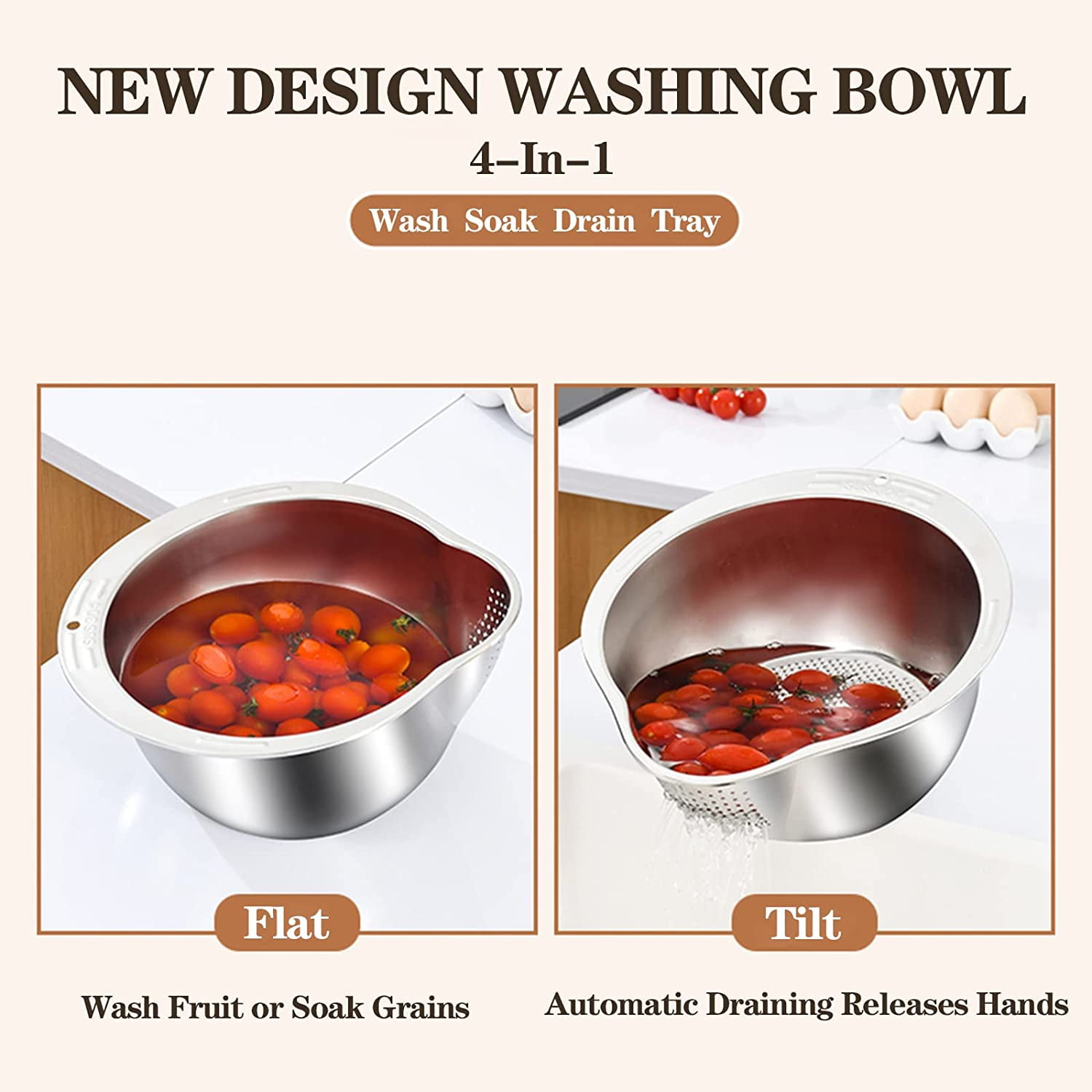 4-in-1 Rice Washer Strainer Bowl, Stainless Steel Rinser with Side ...