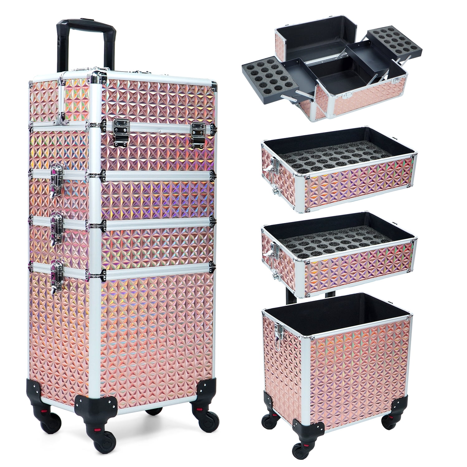 4-in-1 Rolling Makeup Train Case Lift Handle, 4 Removable Wheels ...
