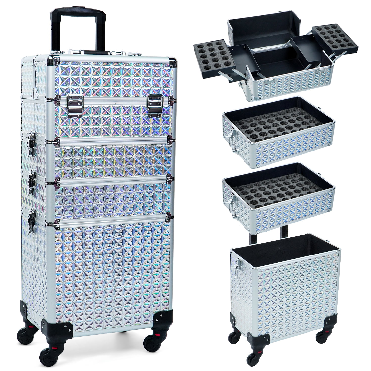 4-in-1 Rolling Makeup Train Case Lift Handle, 4 Removable Wheels ...