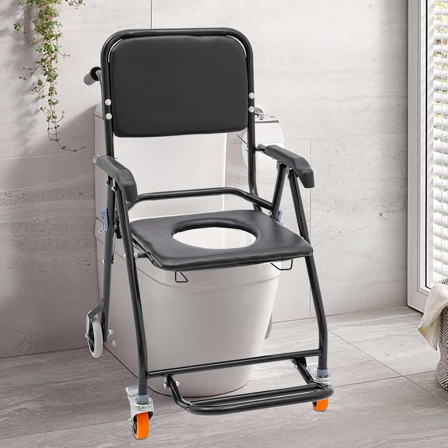 4-in-1 Shower Wheelchair, Rolling Transport Chair Foldable Commode ...