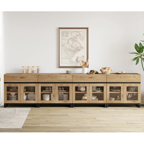 4 in 1 Sideboard with 8 Glass Doors & 4 Drawers, Metal Base, Wood Grain ...