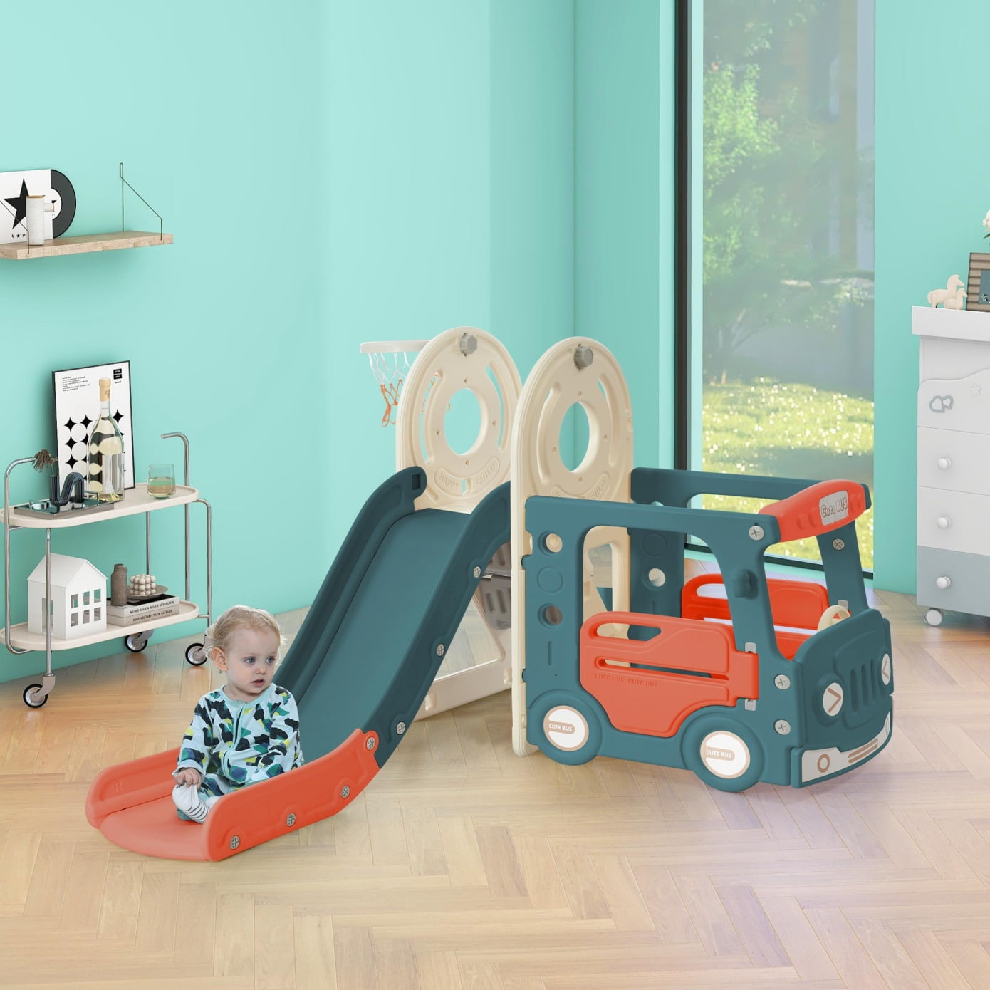 4 in 1 Slide with Bus Play Structure for Toddlers, Freestanding Bus Toy ...