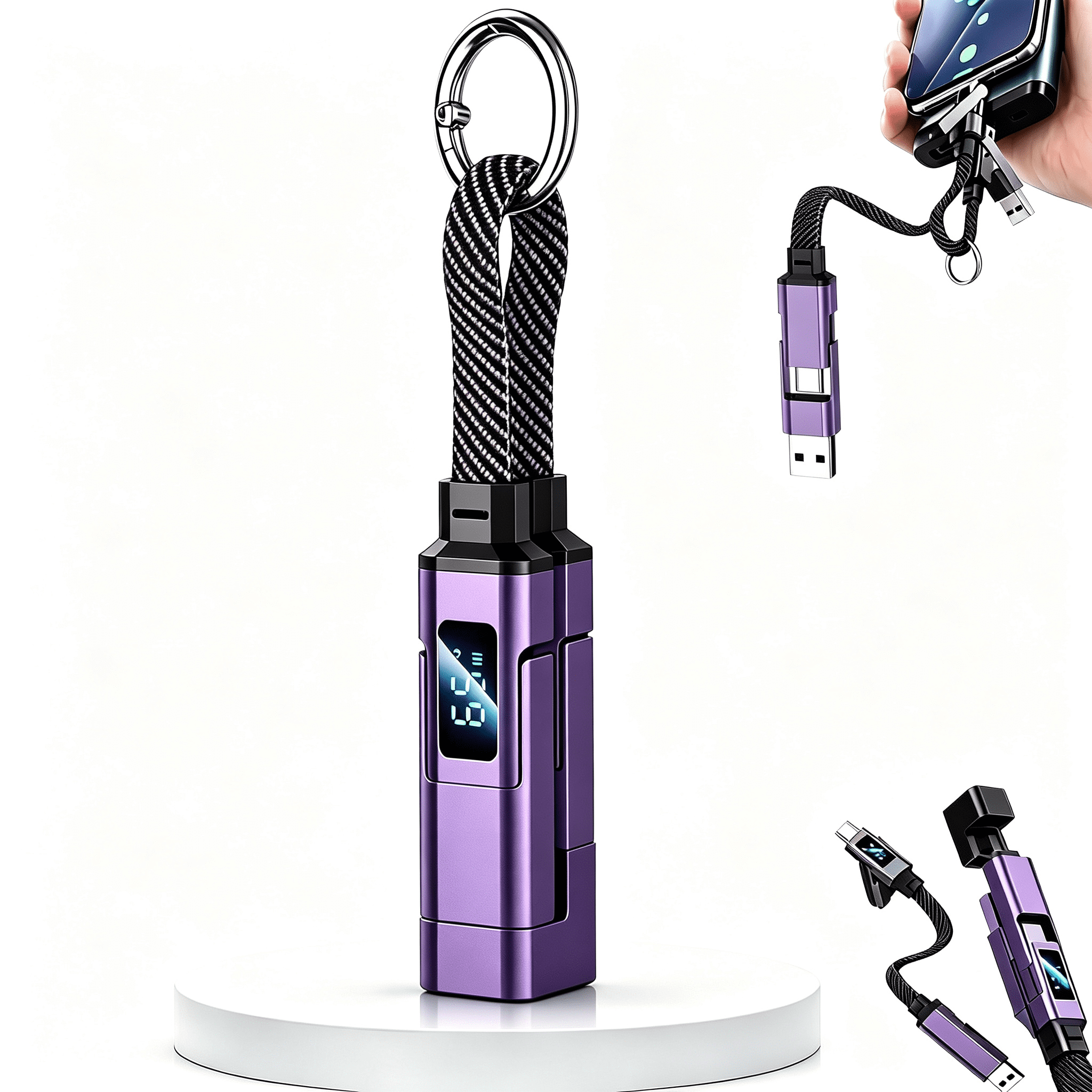 4-in-1 Smart Digital Display Keychain Braided Fast Charging Lanyard ...
