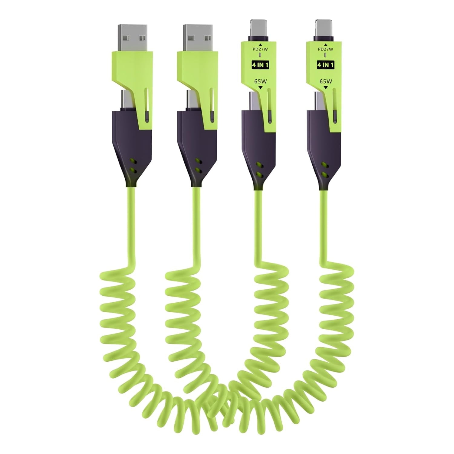 4-in-1 Spring Charging Cable - 4ft 65W Coiled USB Cable for Phones ...