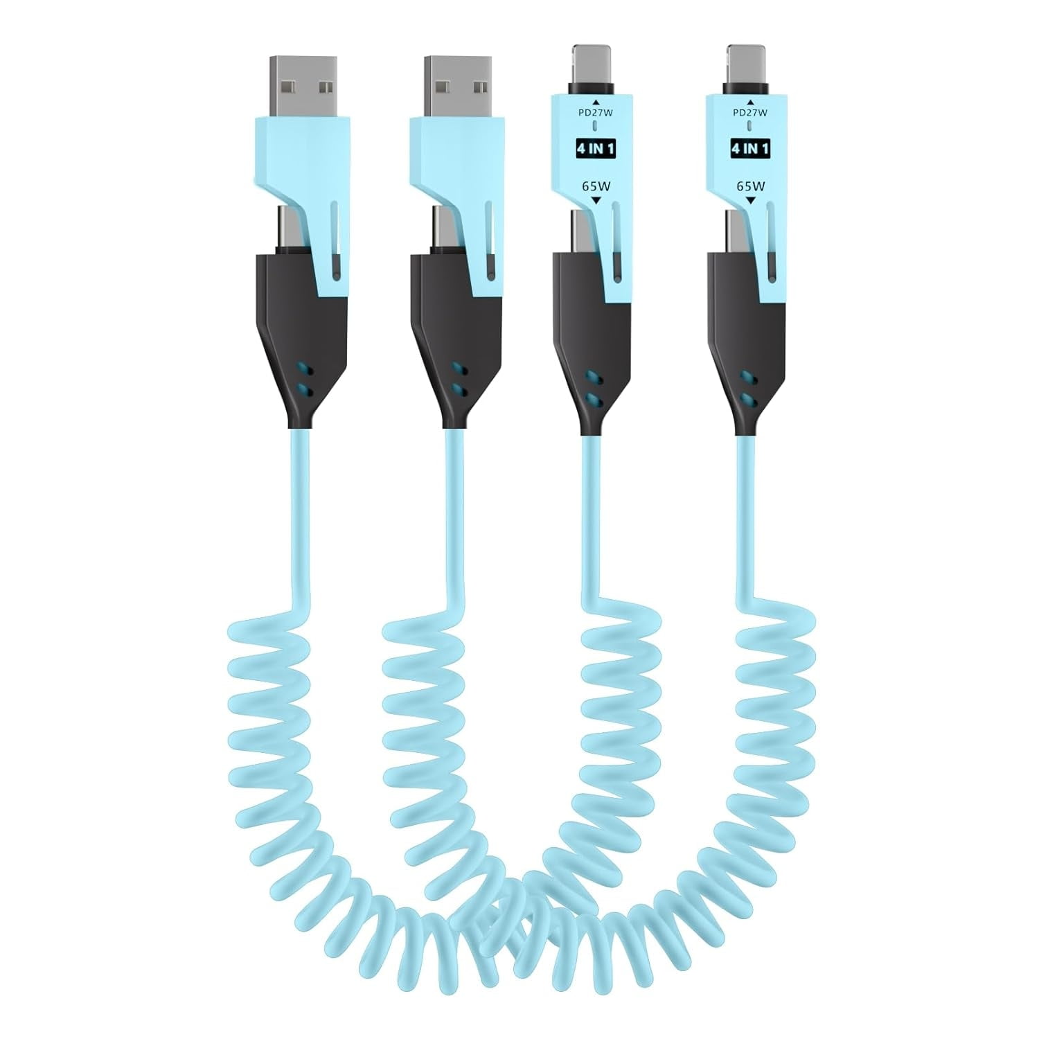 4-in-1 Spring Charging Cable - 4ft 65W Coiled USB Cable for Phones ...