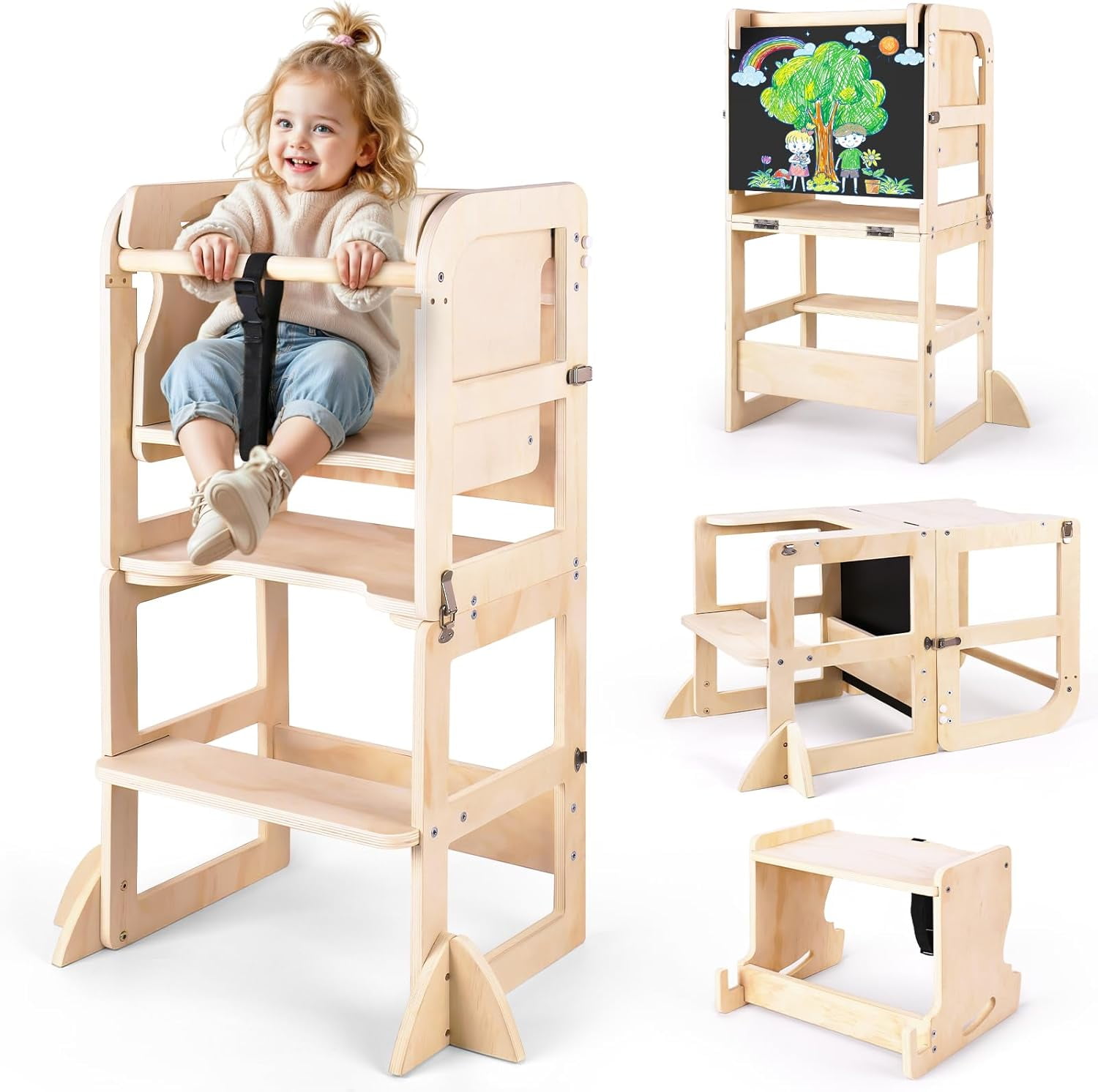 4-in-1 Toddler Kitchen Step Stool, Foldable Learning Standing Tower ...
