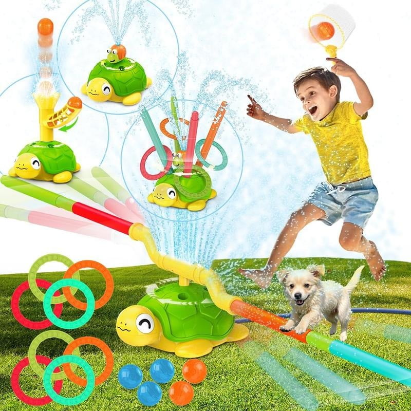 4-in-1 Turtle Water Sprinkler Toys for Kids, Ball Scoop, Toss Rings and Jumping Game Water ...