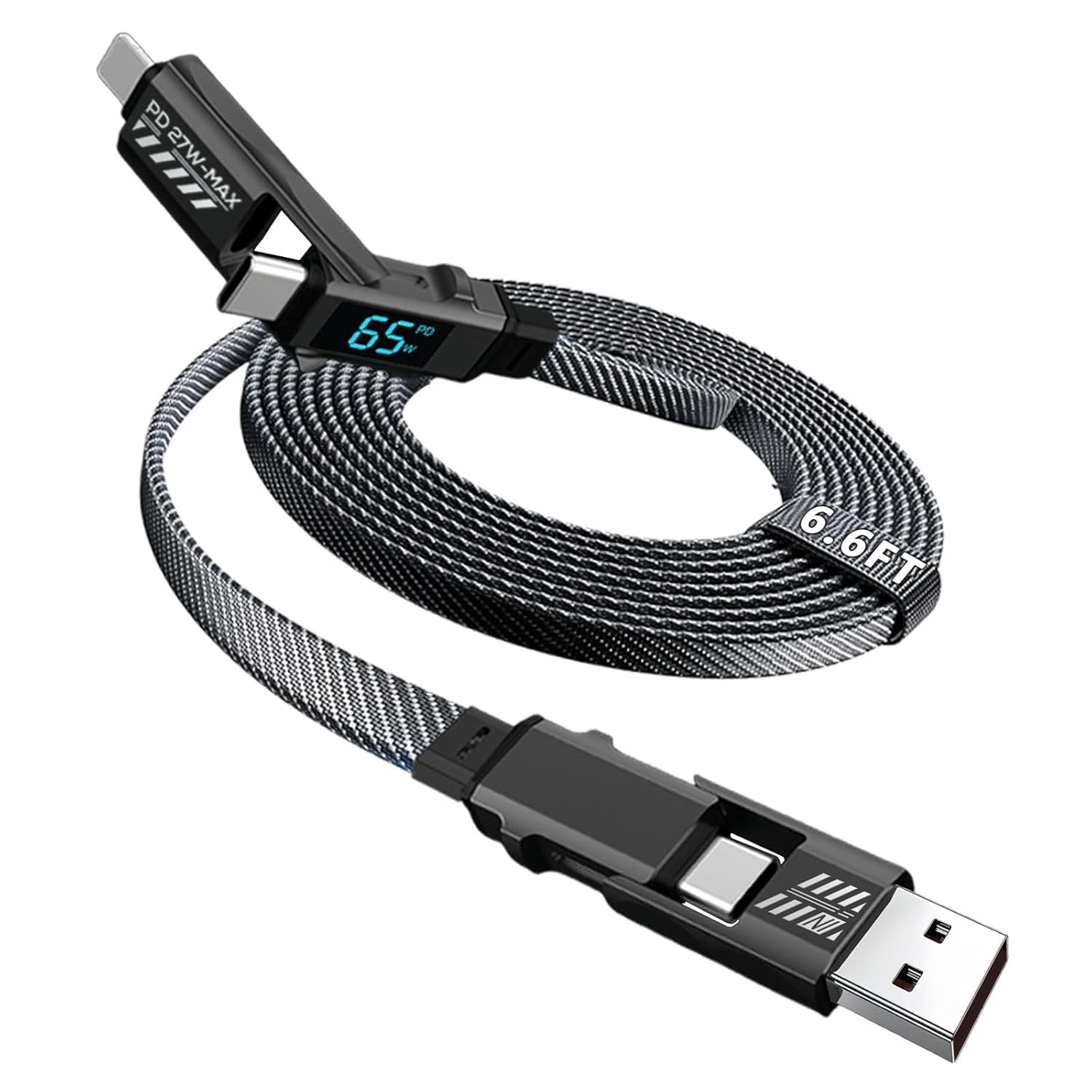 4-in-1 USB C Cable with Wattage Display,65W 3A Flat Nylon Braided Multi ...