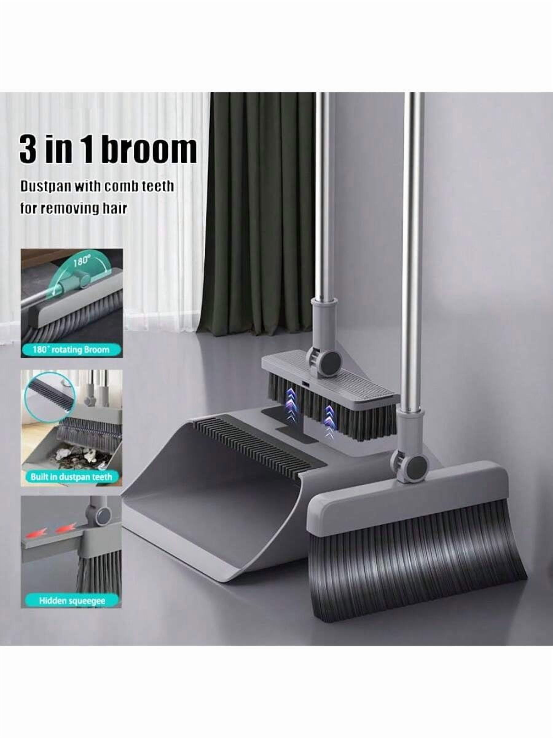 4-in-1 Upright Broom and Dustpan Set with Squeegee and Floor Brush ...