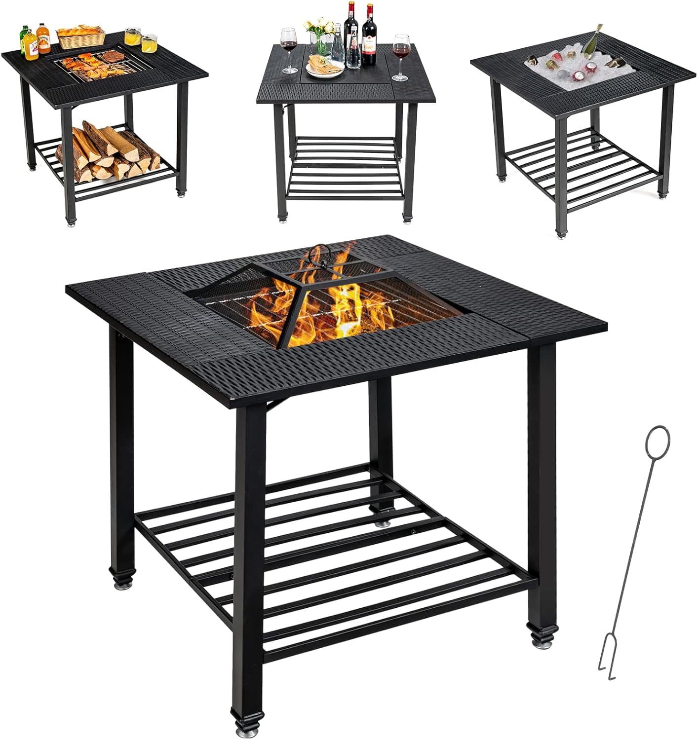 4-in-1 Wood Burning Fire Pit, Square Firepit Table with Mesh Cover ...
