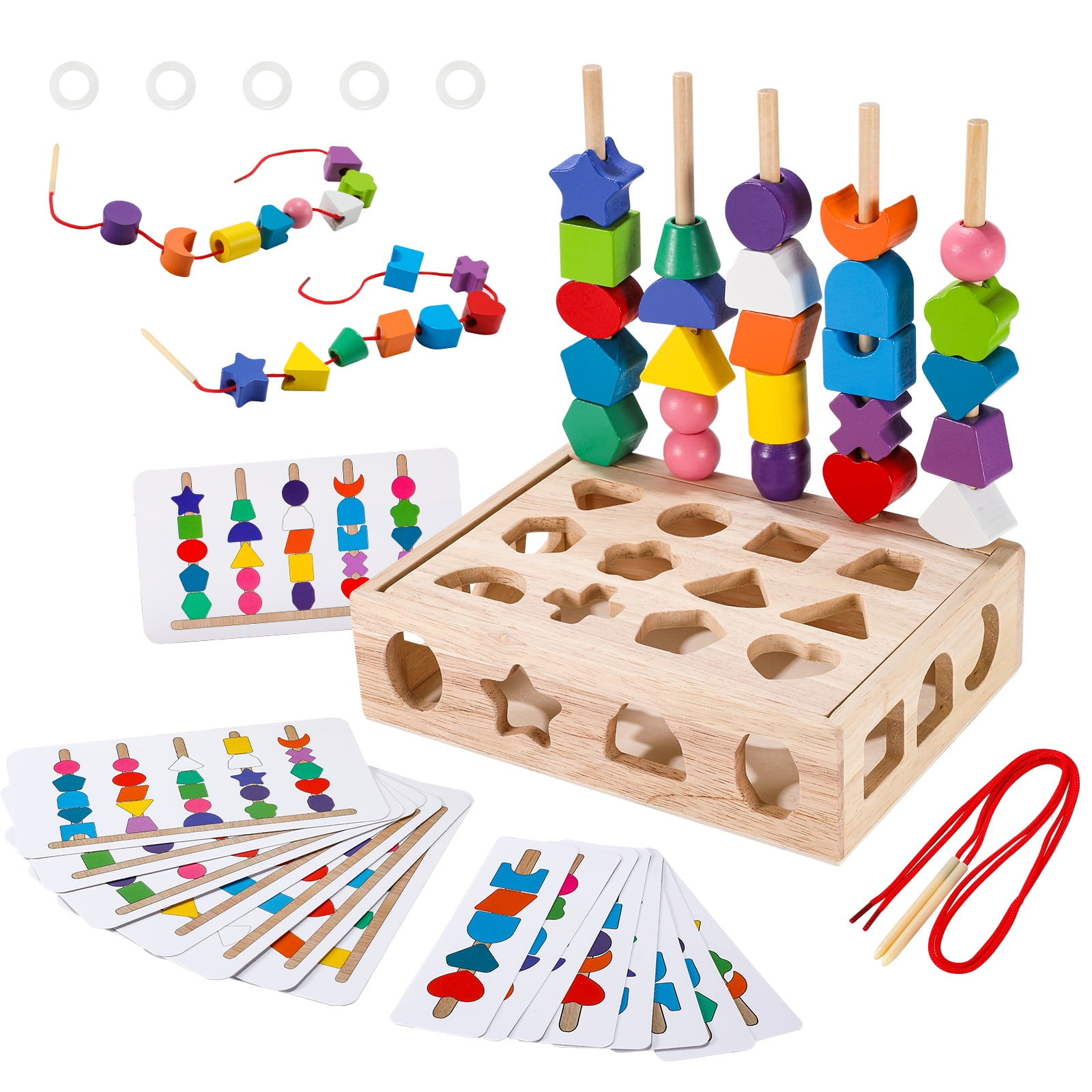 4 in 1 Montessori Wooden Beads Sequencing Toy, Sequencing Block Sorter ...
