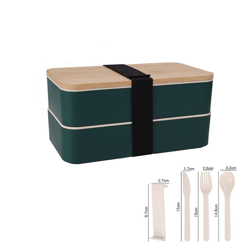 4-in-1 lunch box with cutlery, double lunch box, portable, bamboo lid ...