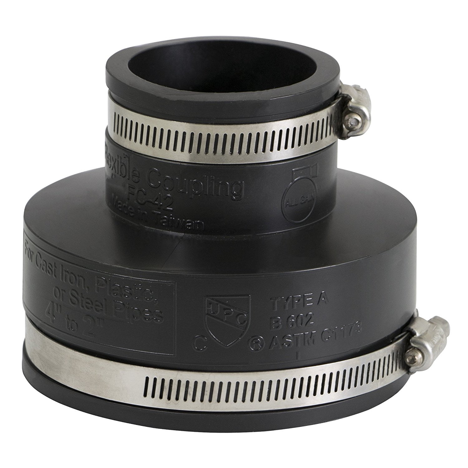 4 in. x 1-1/2 in. PVC Flexible Reducing Coupling with Stainless Steel ...