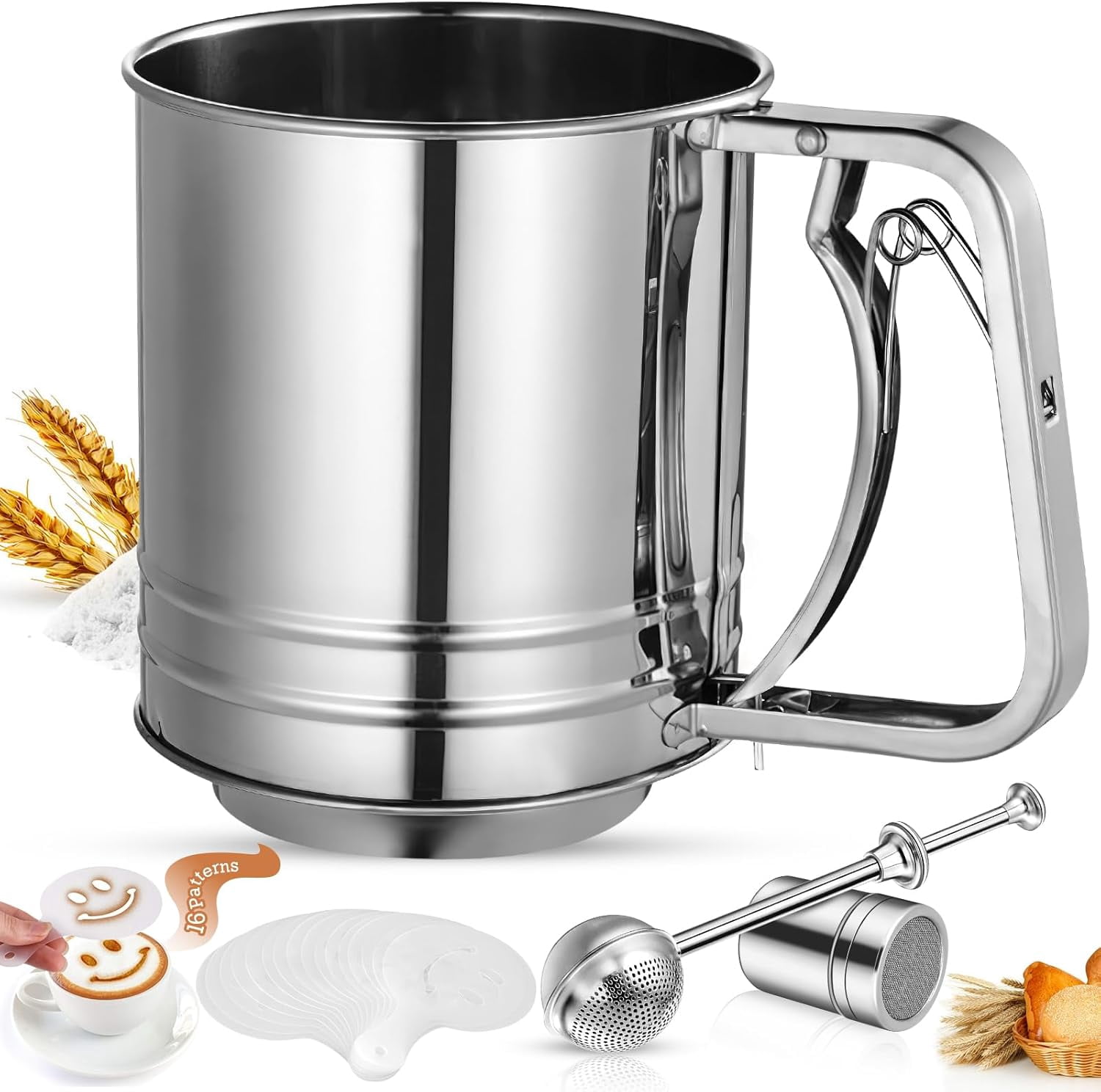 4 in1 Flour Sifter Stainless Steel, 5 Cup Flour Sifter for Baking ...