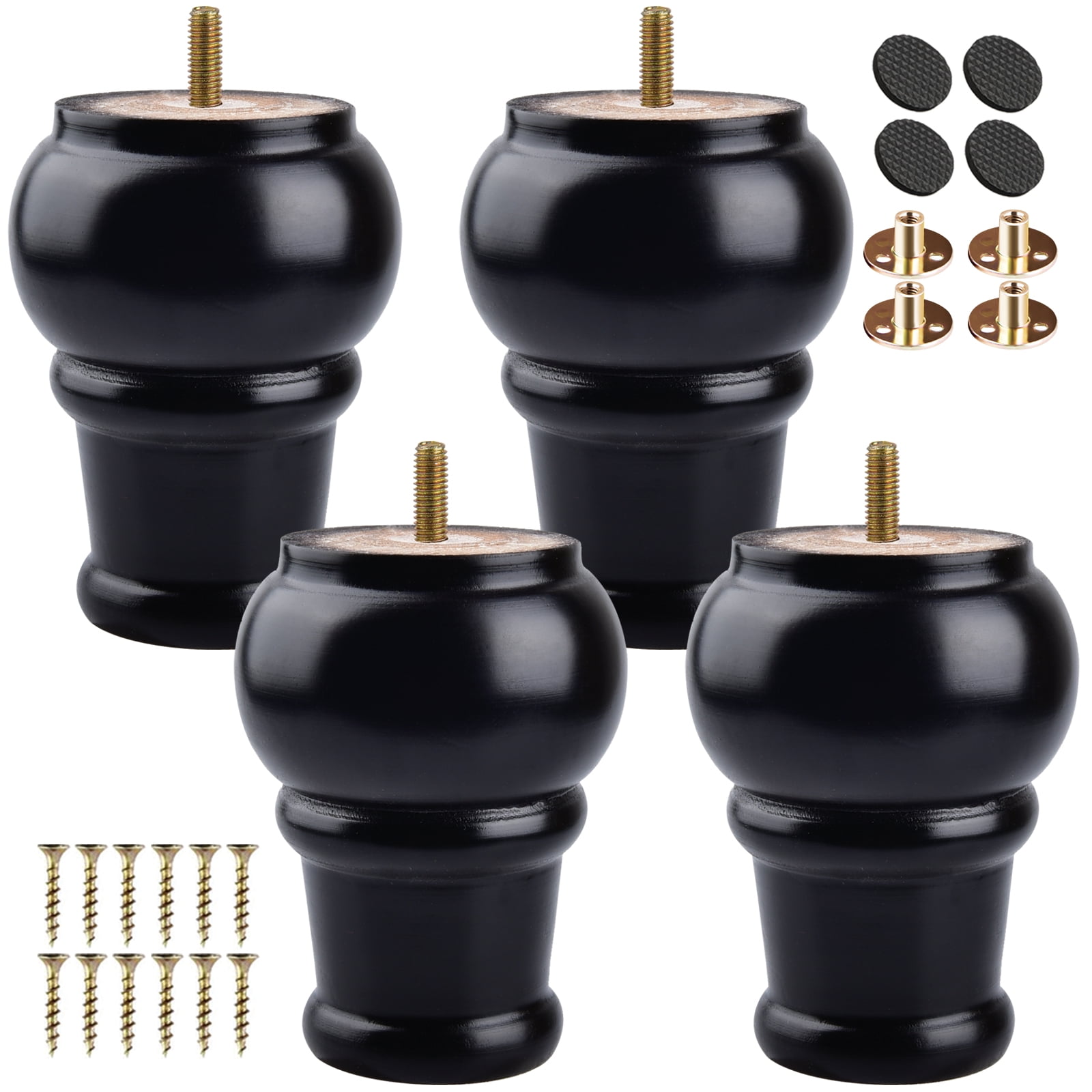 4 inch / 10cm Wooden Furniture Legs, Pack of 4 Classic Black Solid Wood ...