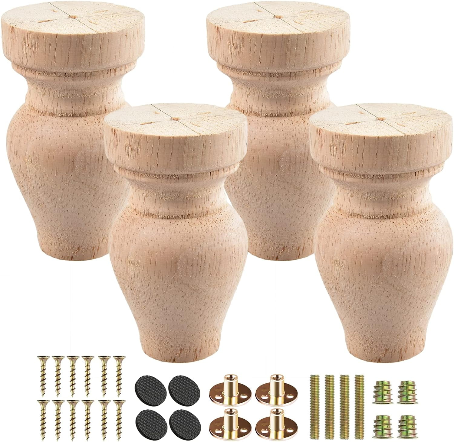 TCHOSUZ Wooden Furniture Legs, 4 Inch Bun Feet, Solid Wood, DIY ...