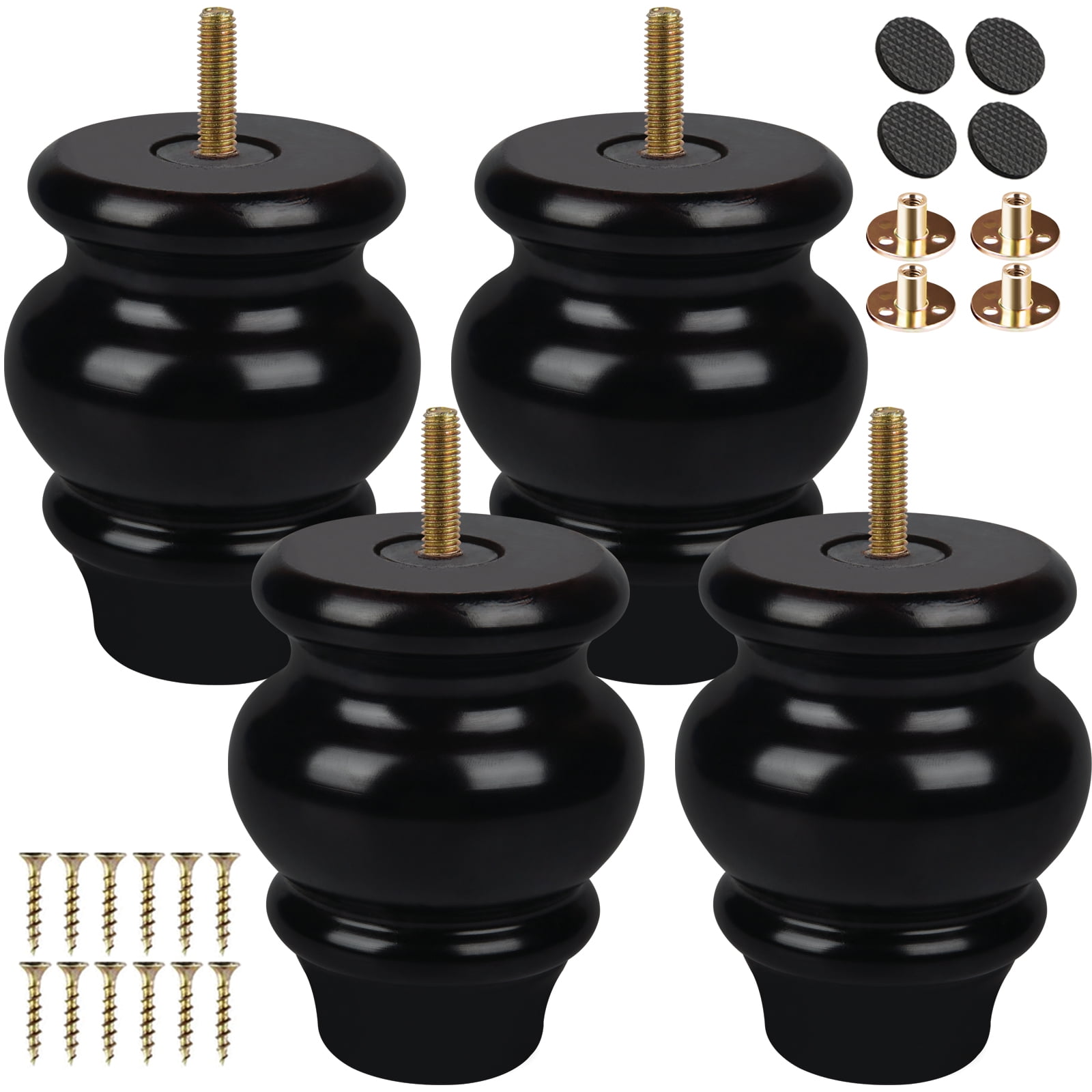 4 inch / 9cm Wooden Furniture Legs, Pack of 4 Classic Black Solid Wood ...