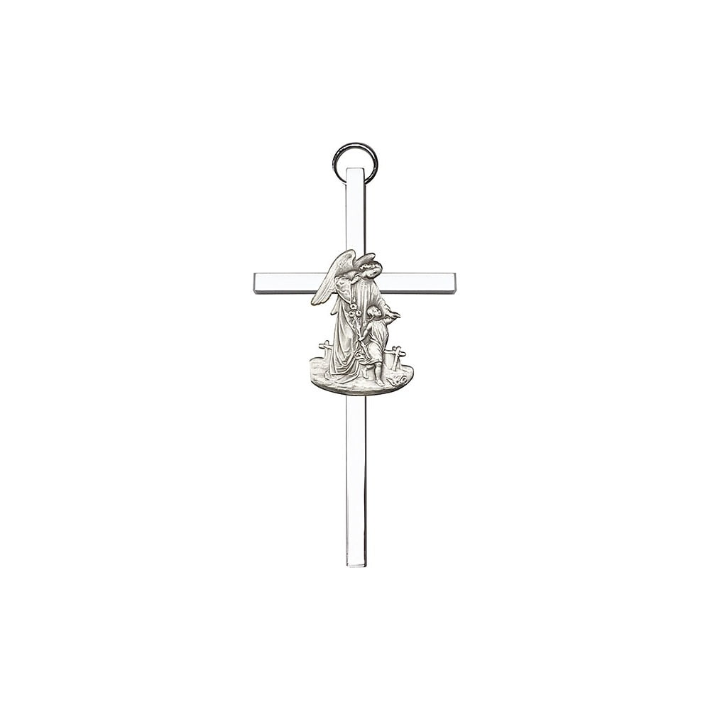 4 inch Antique Silver Guardian Angel on a Polished Silver Finish Cross ...