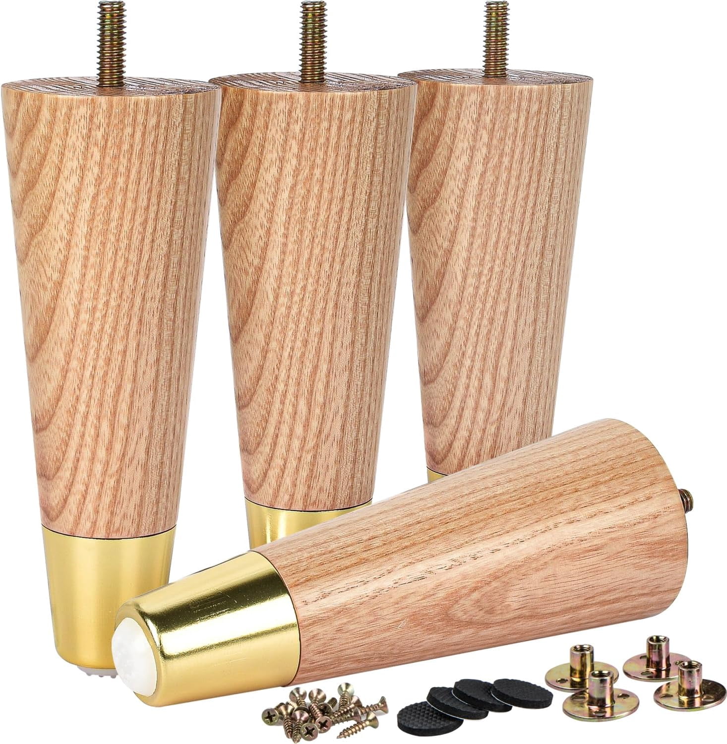4 inch Ash Wood Furniture Legs with Gold Caps, LAVANE Set of 4 Mid ...