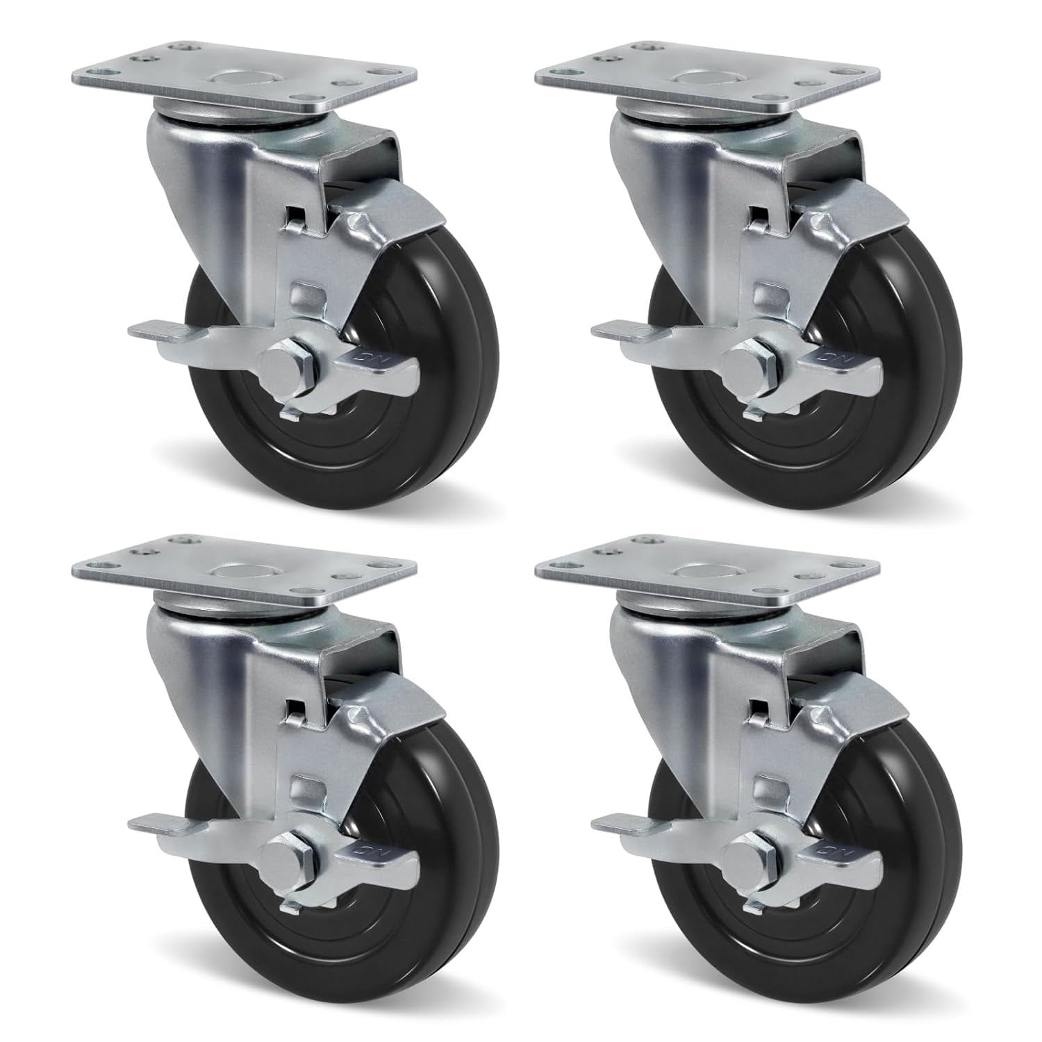 4 inch Caster Wheels, Hard Rubber Heavy Duty Caster with Brake, Set of ...