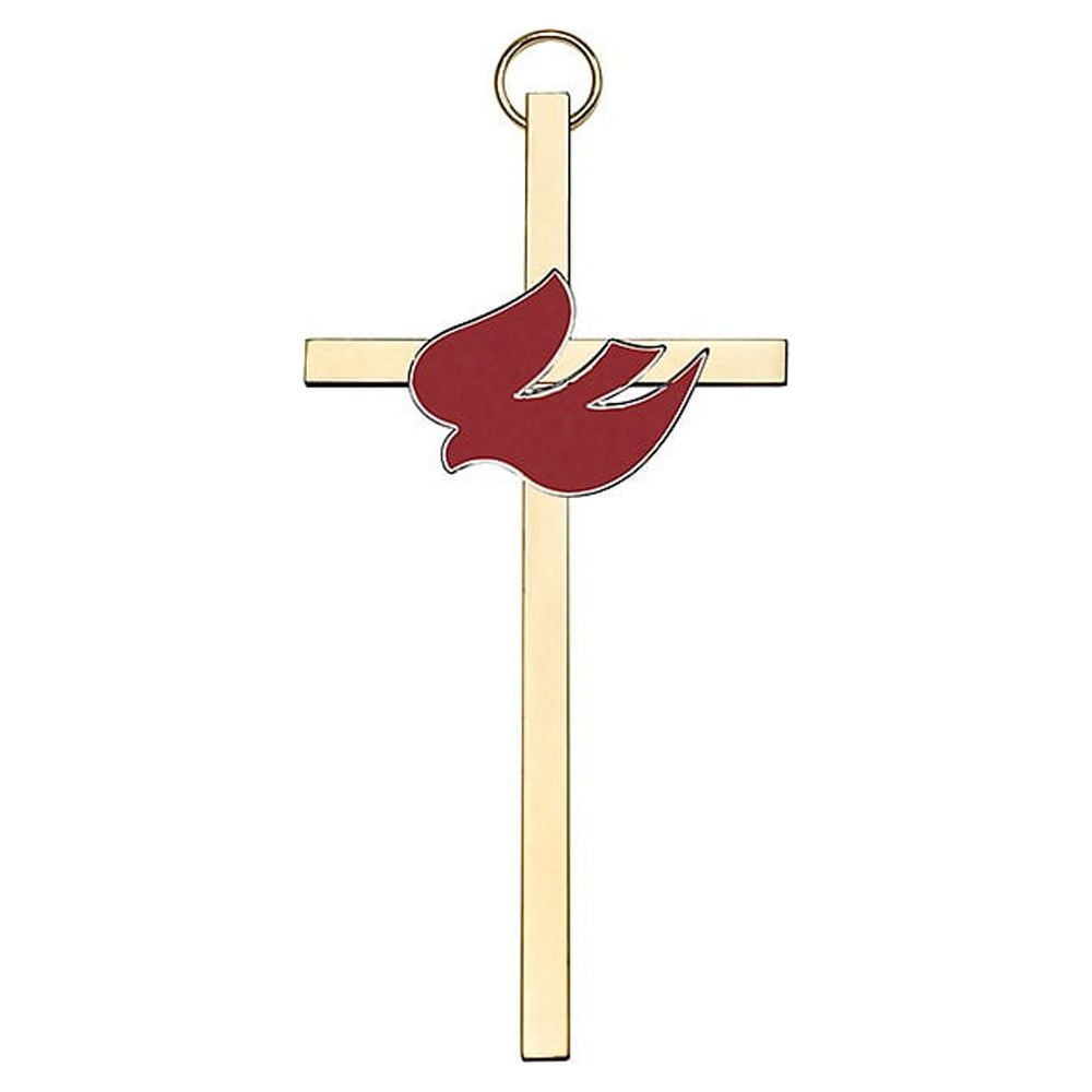 4 inch Polished Brass Red Enamel Holy Spirit on a Polished Brass Cross ...