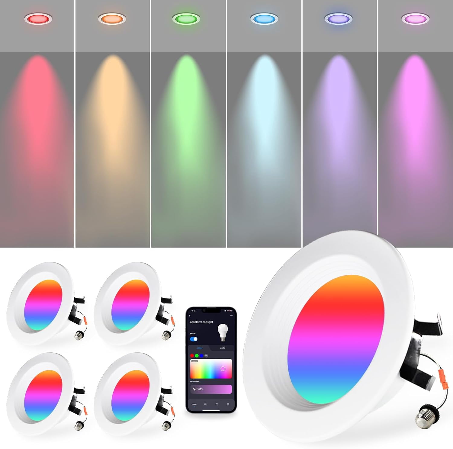 4 inch Smart LED Can Lights with Remote, 9W 750LM Bluetooth Baffle Trim ...