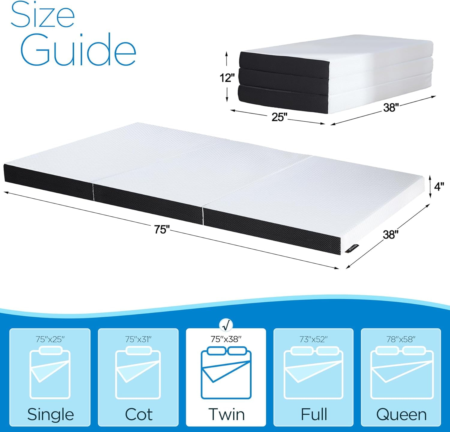 4 inch Twin Tri-Folding Memory Foam Mattress, Portable Trifold Mattress ...
