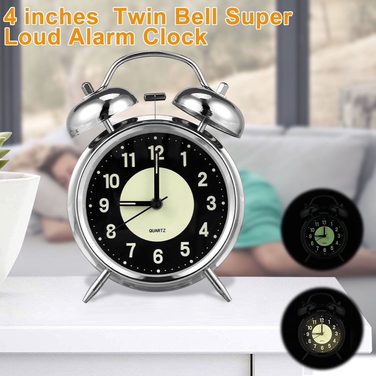 4 inches Twin Bell Super Loud Alarm Clock Battery Operated with ...